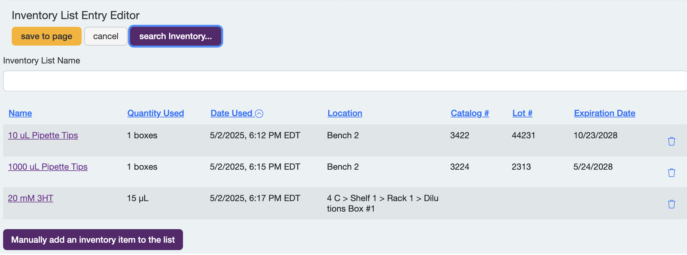 Inventory List – LabArchives